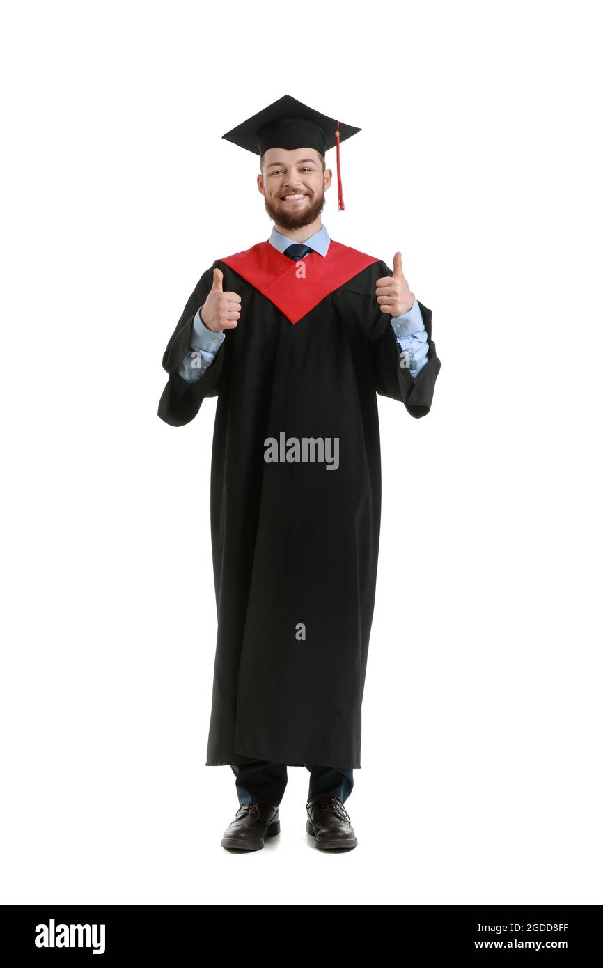 Happy male graduation student on white background Stock Photo - Alamy