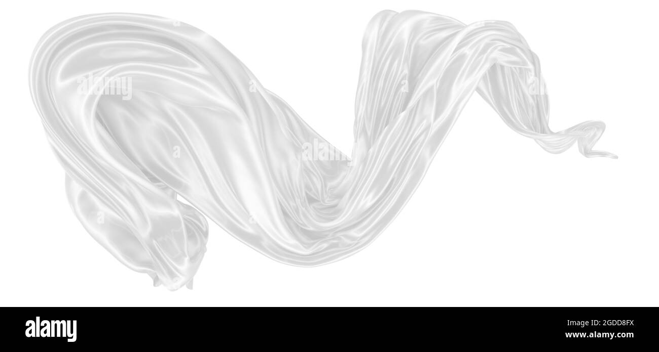 Beautiful flowing cloth flying in the wind. White wavy silk or satin ...