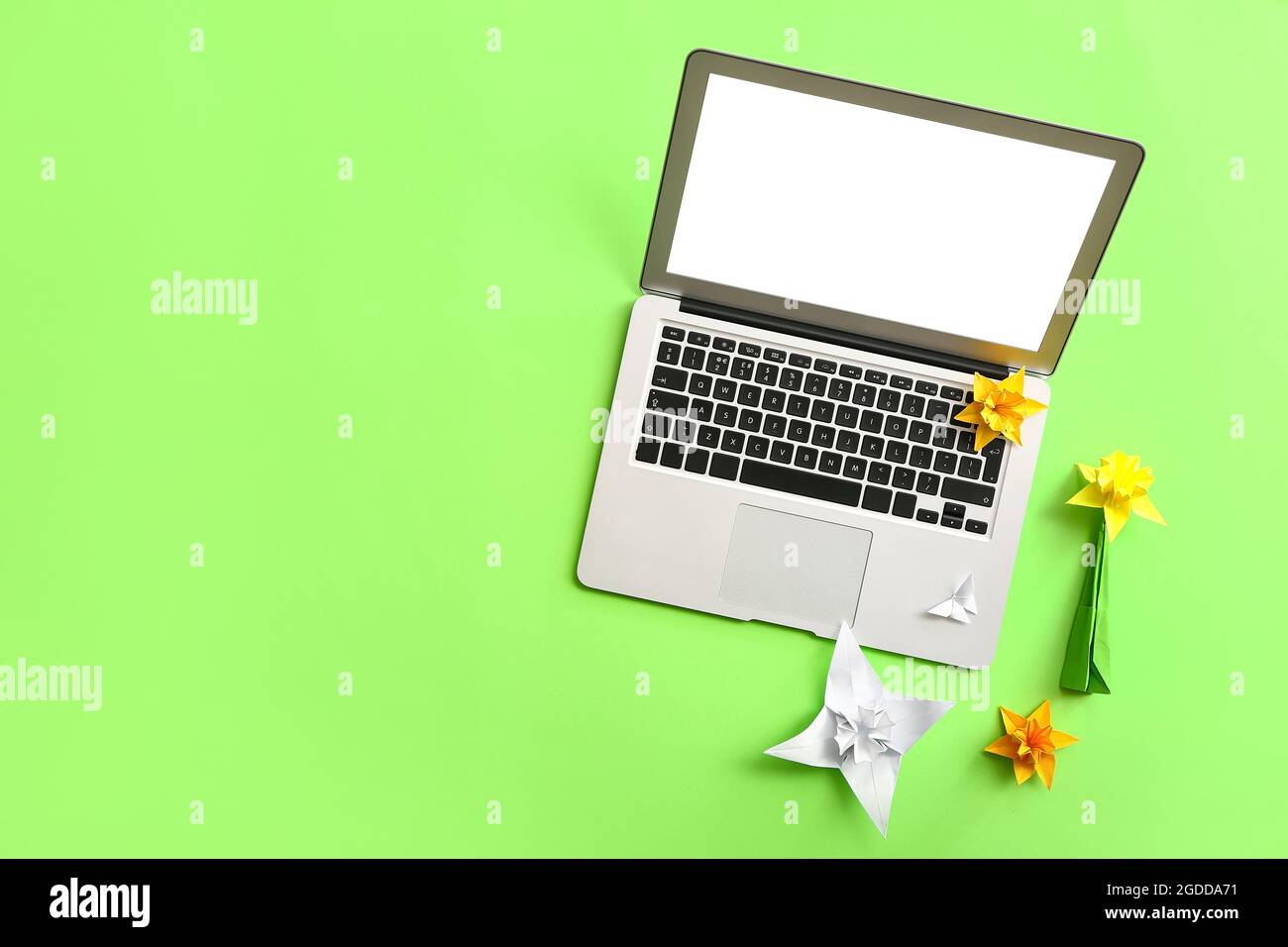 Modern laptop with origami on color background Stock Photo - Alamy