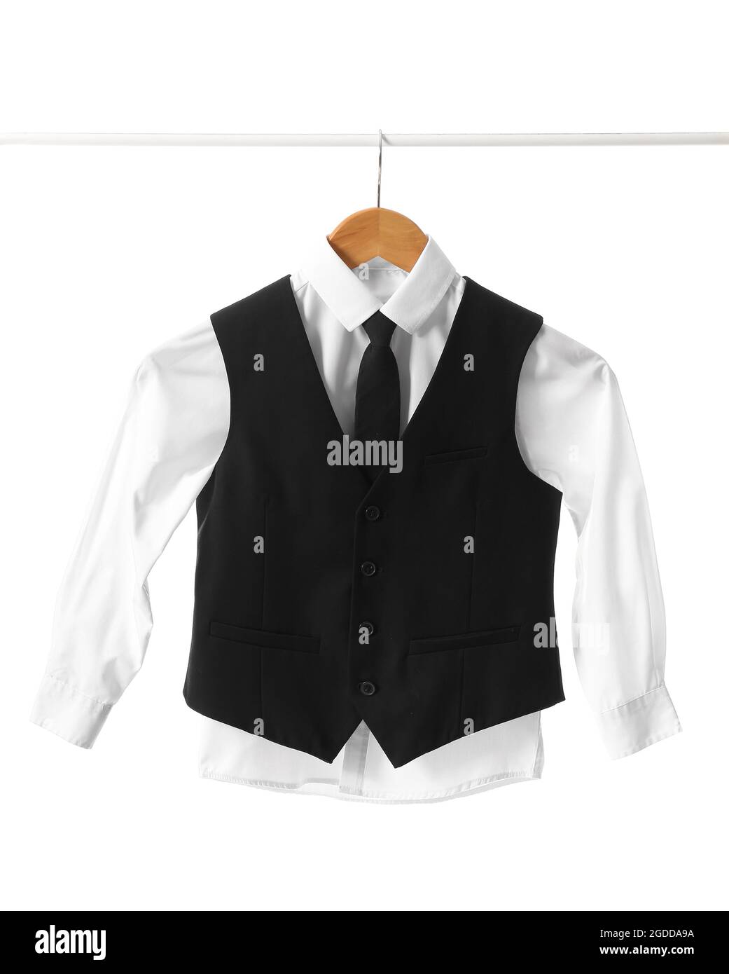 Rack with stylish school uniform on white background Stock Photo - Alamy