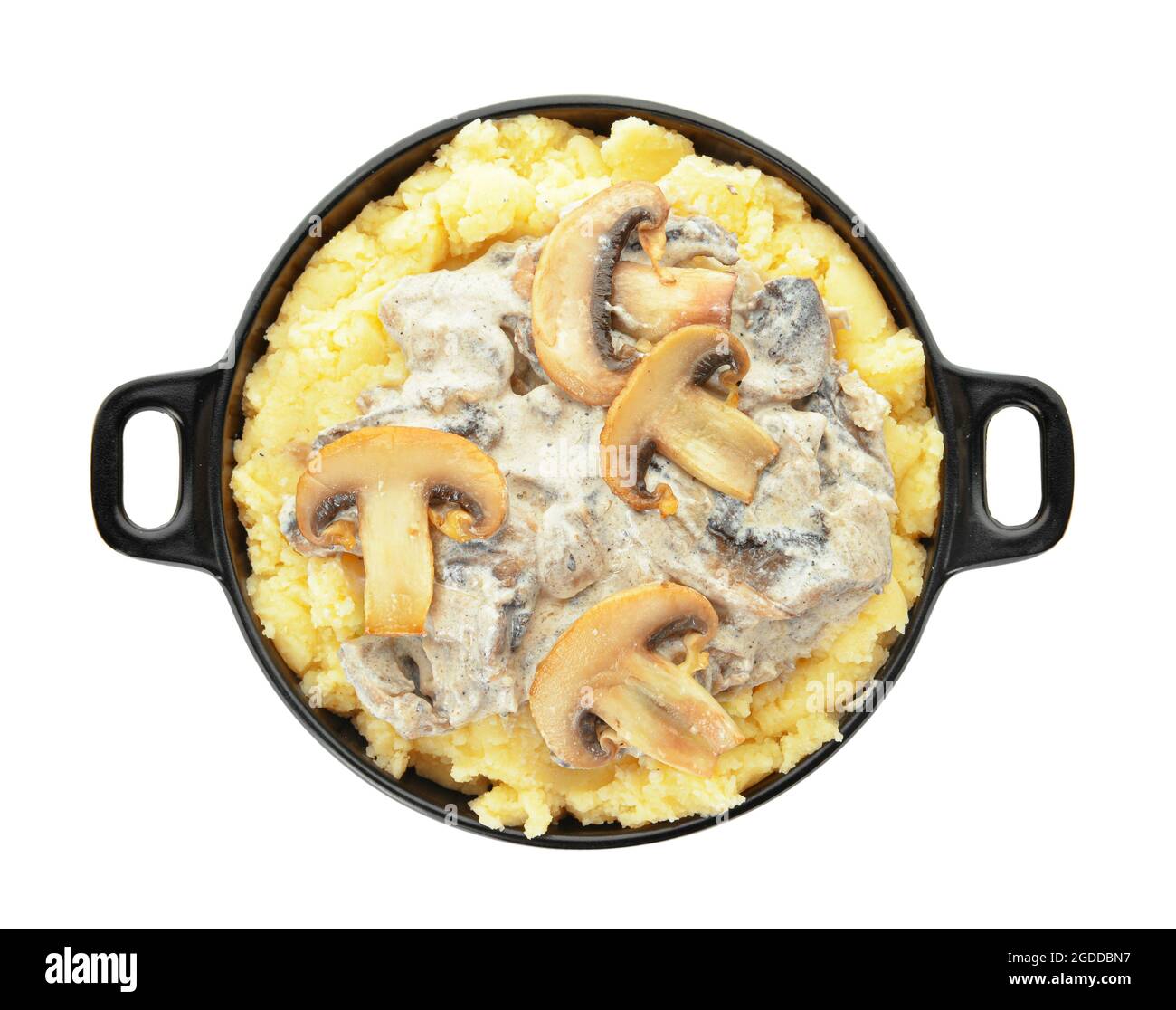 Frying pan with tasty mashed potatoes and mushrooms on white background ...