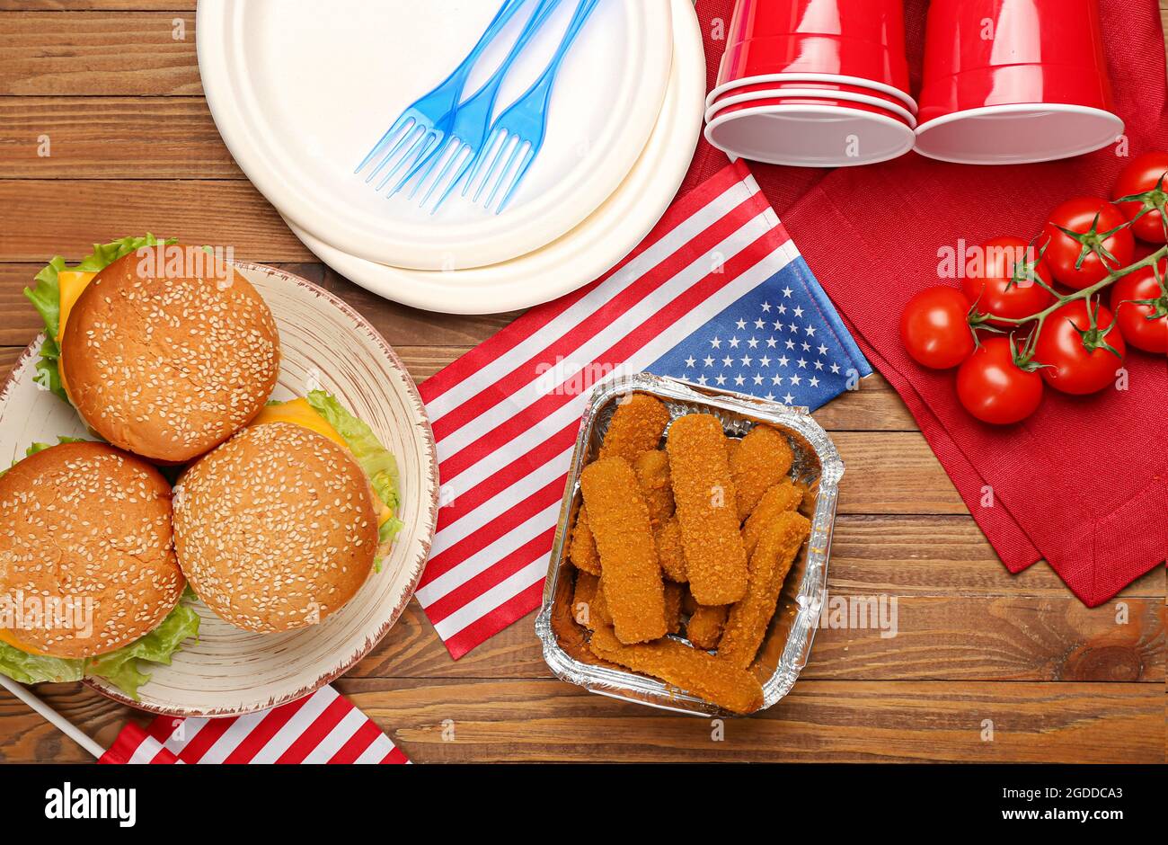 Traditional American food with flags on wooden background Stock Photo ...