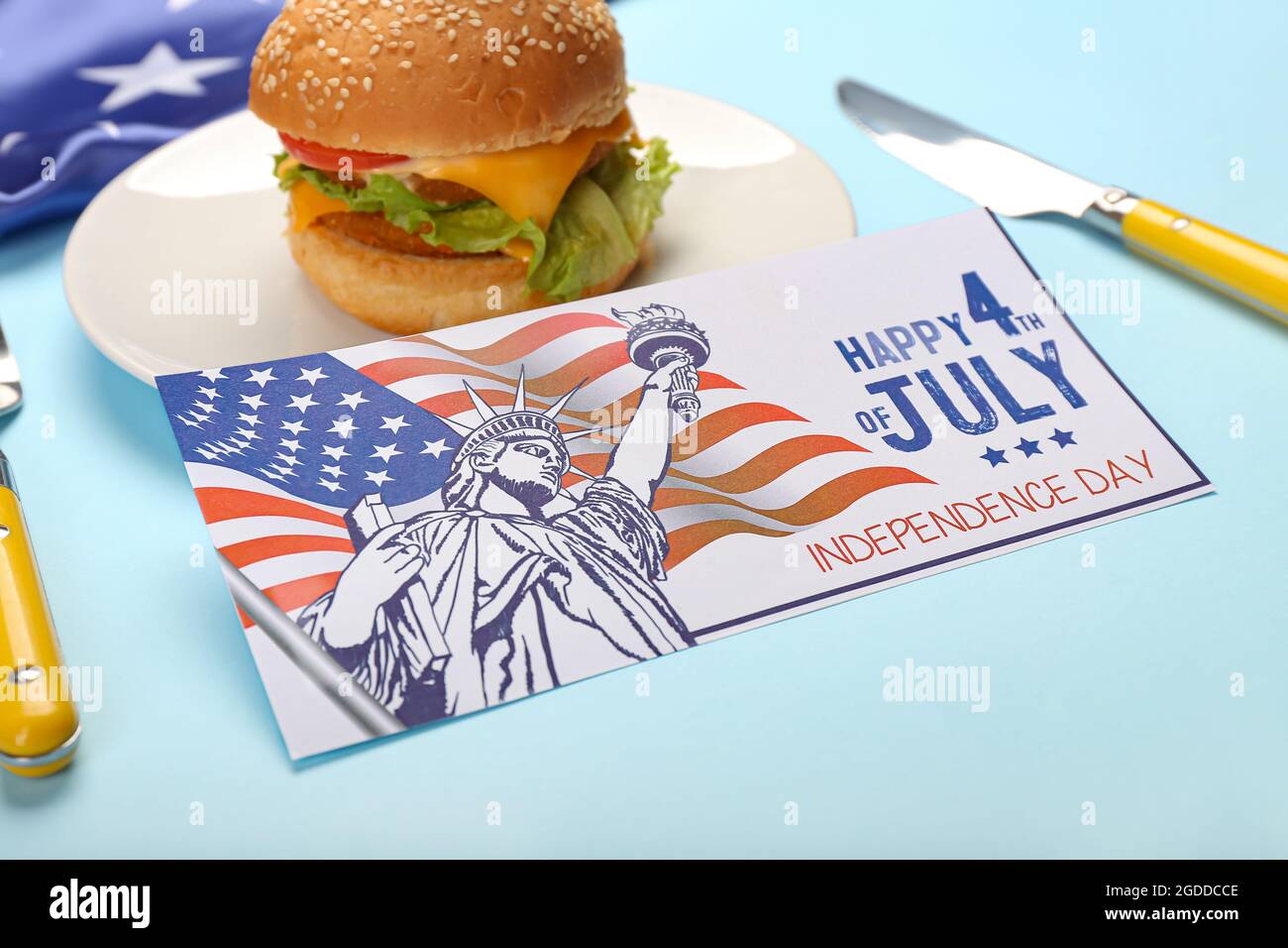 Greeting card for Independence Day of USA with traditional burger on ...