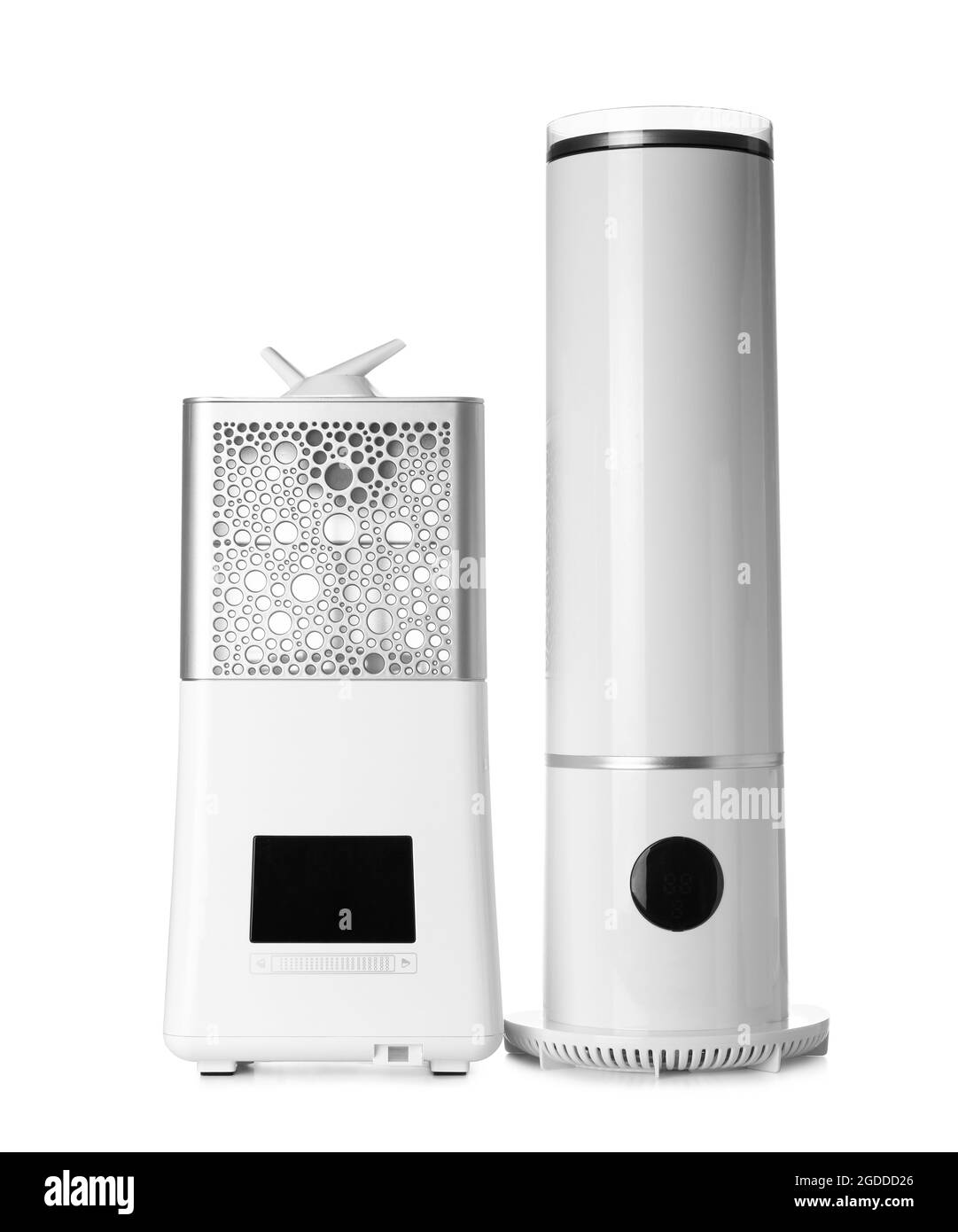Modern humidifiers on white background Stock Photo - Alamy