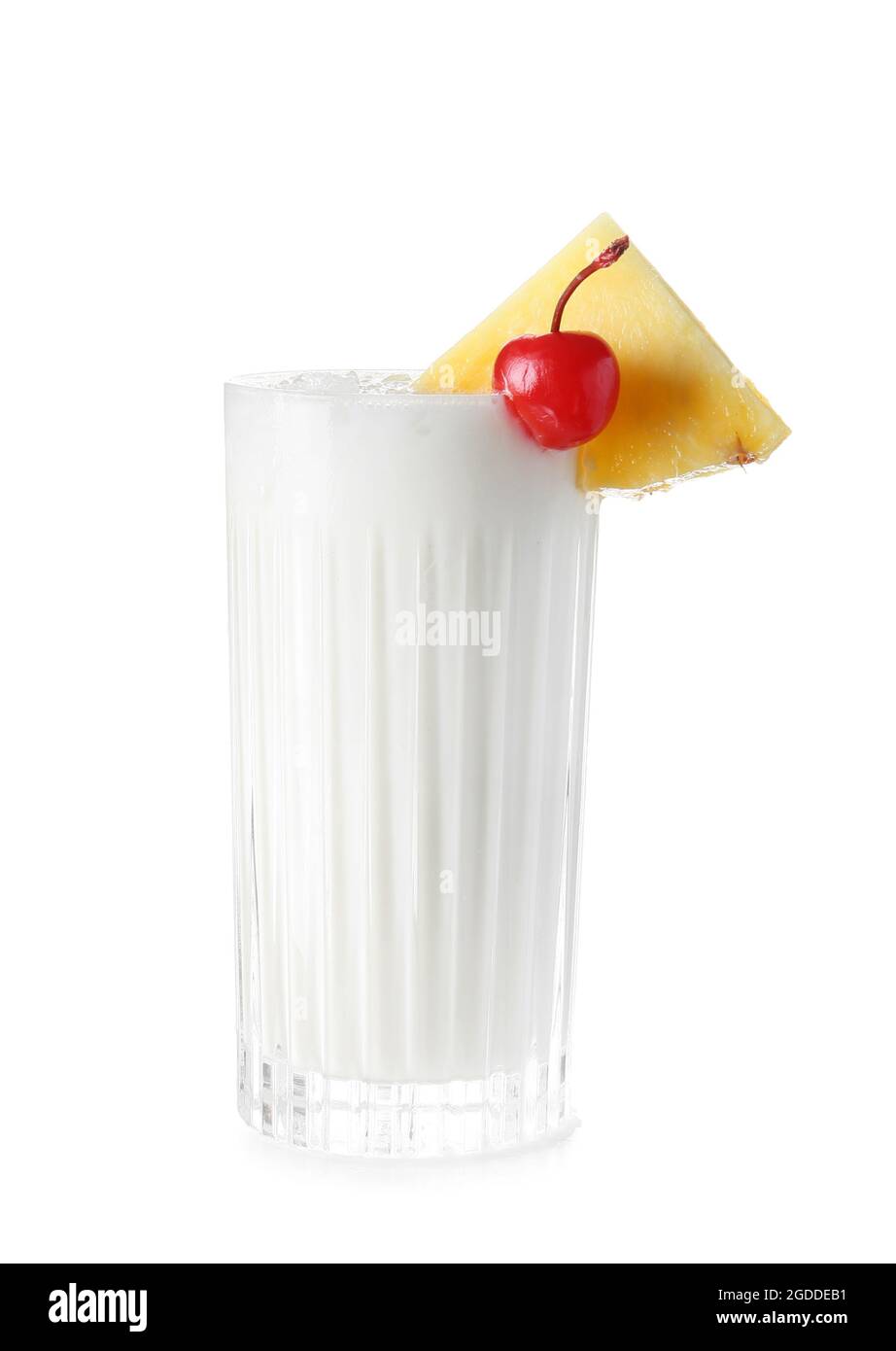 Glass with tasty Pina Colada cocktail on white background Stock Photo ...