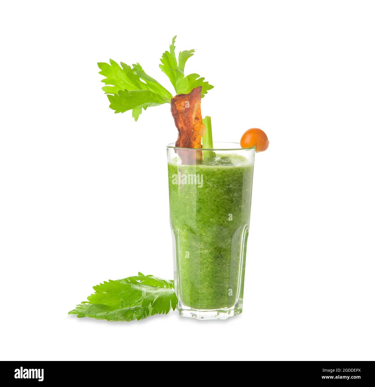 Glass of bloody Mary cocktail garnished with bacon, cape gooseberry and ...