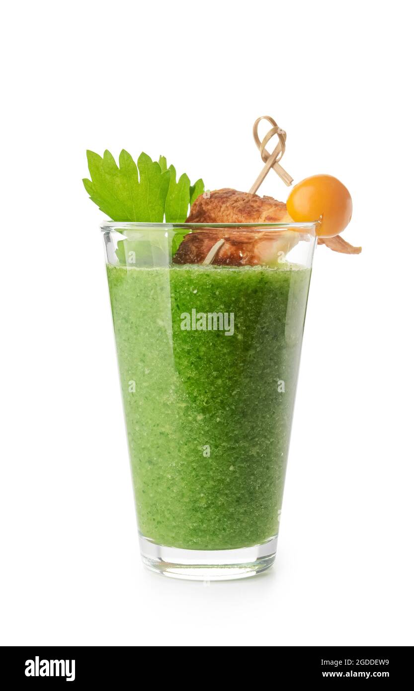 Glass of bloody Mary cocktail garnished with bacon, cape gooseberry and ...