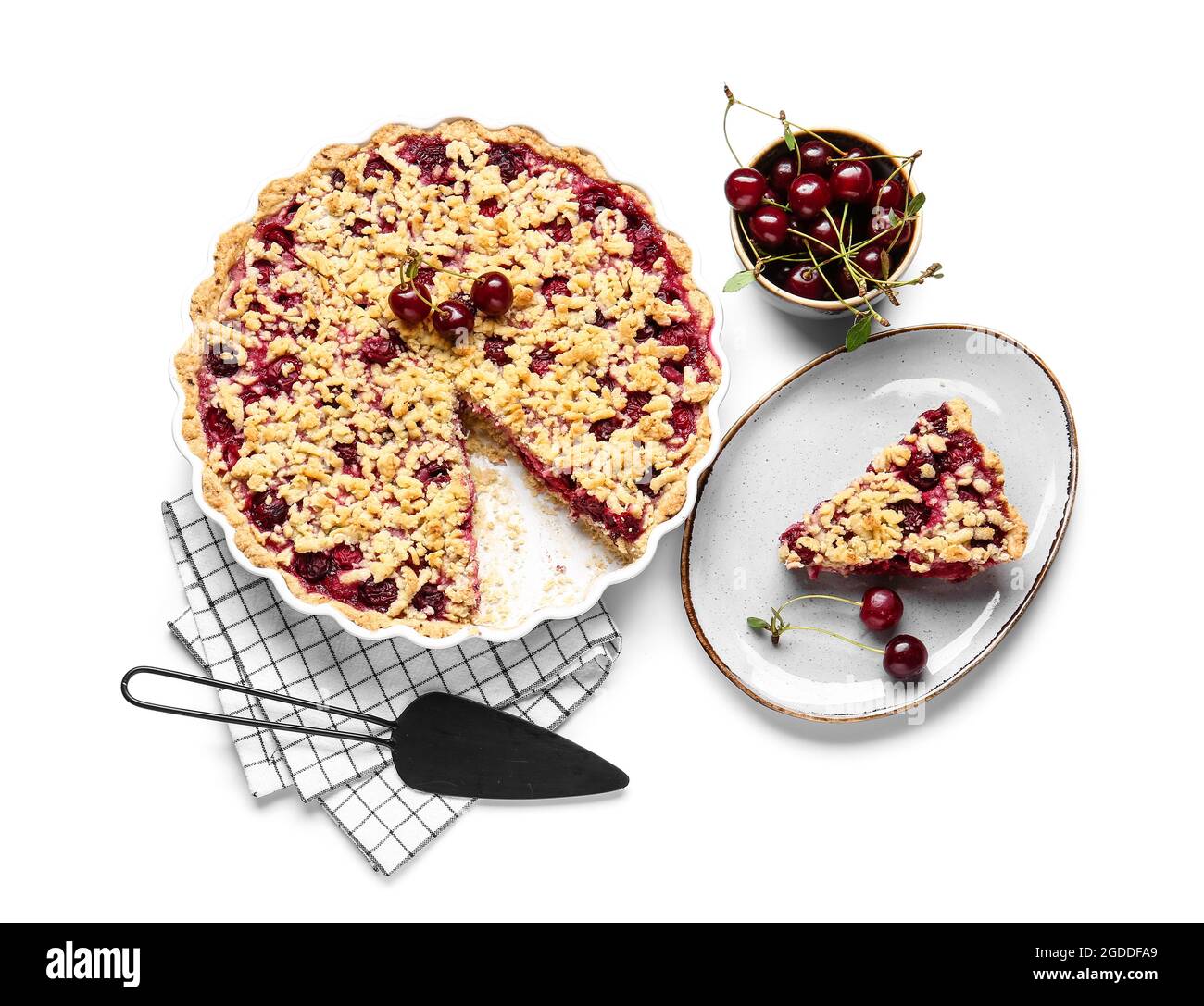 Composition with tasty cherry pie on white background Stock Photo - Alamy