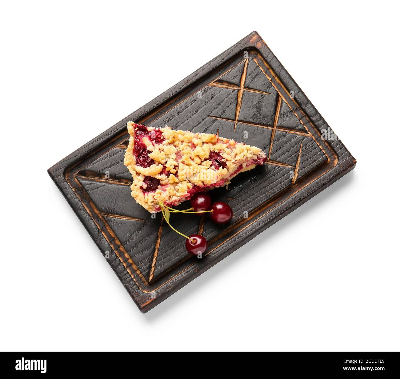 Board with piece of tasty cherry pie on white background Stock Photo ...