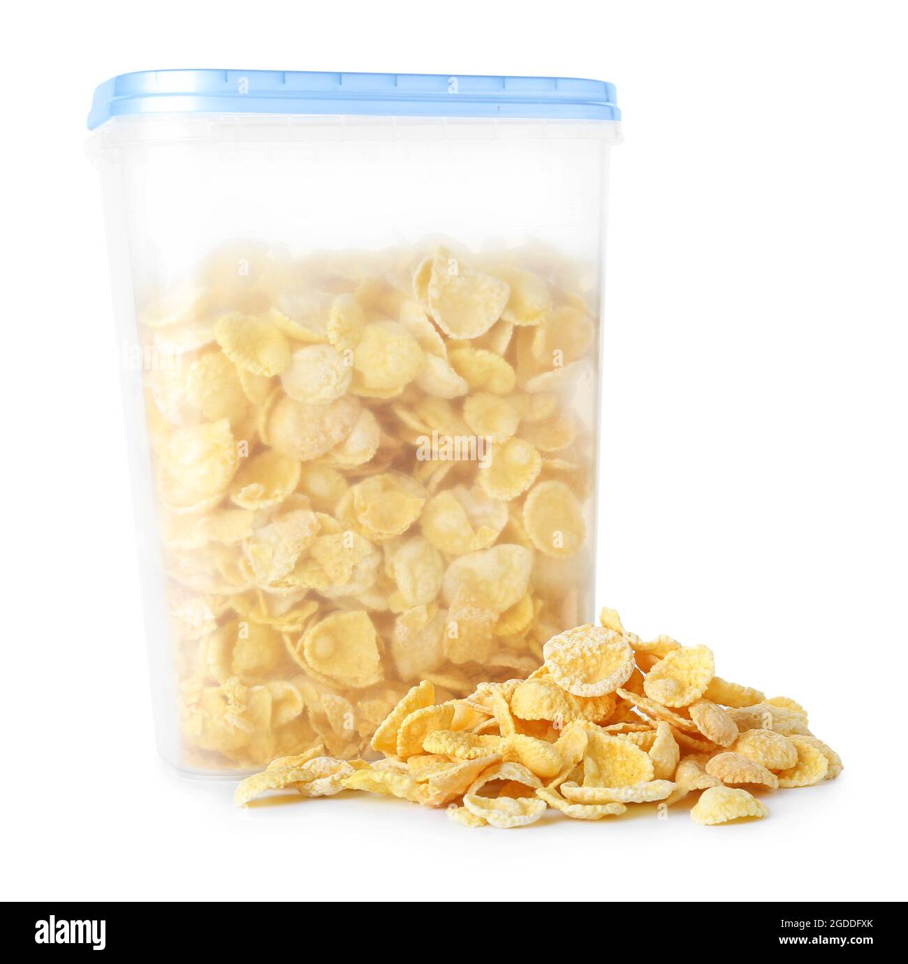 Container with tasty cornflakes on white background Stock Photo - Alamy
