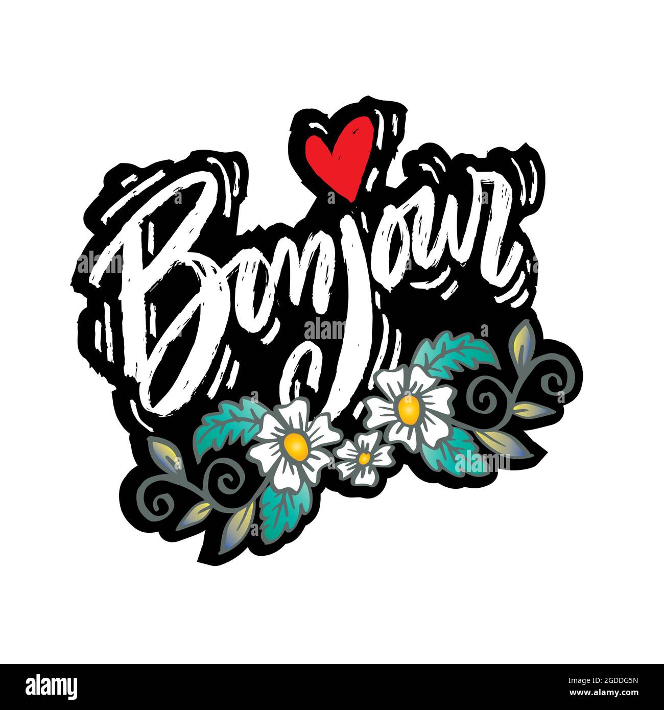 Bonjour lettering with flower. Greeting card Stock Photo - Alamy