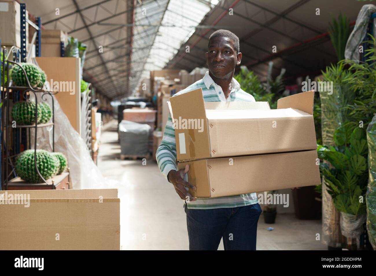 Man holding boxes at home decor department Stock Photo - Alamy