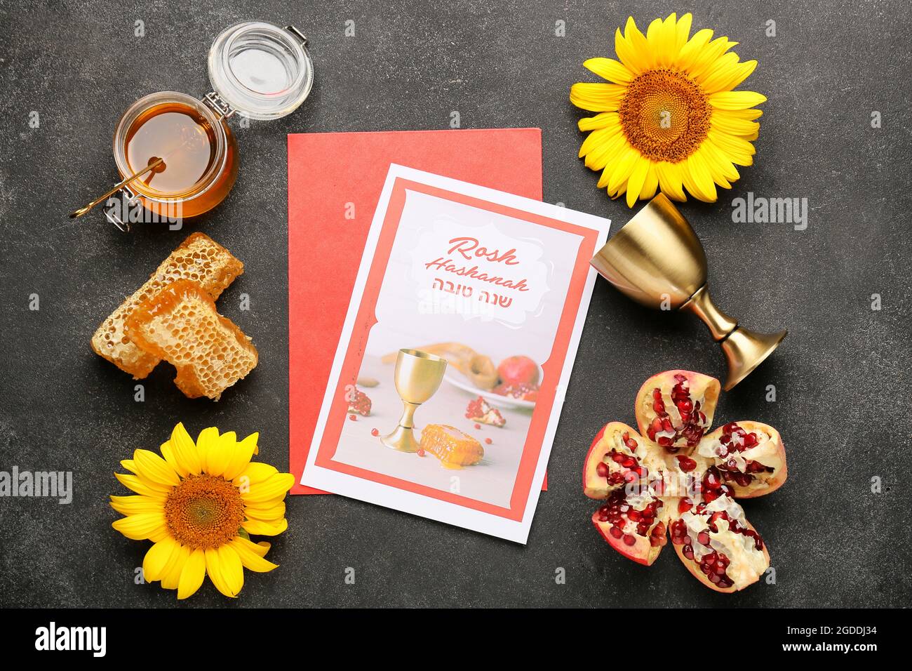 Greeting card for Rosh hashanah (Jewish New Year) with symbols on dark ...