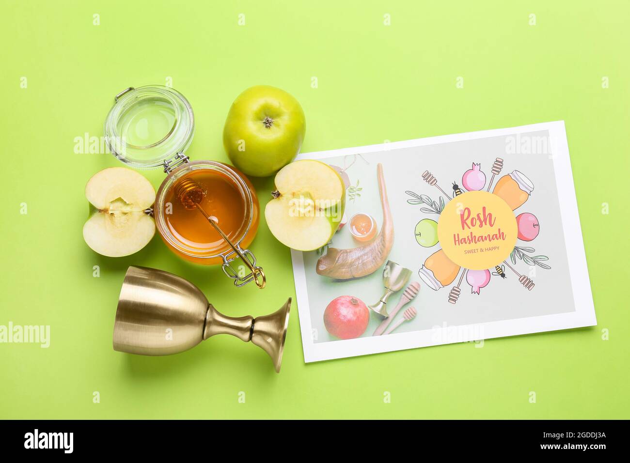 Greeting card for Rosh hashanah (Jewish New Year) with symbols on color ...