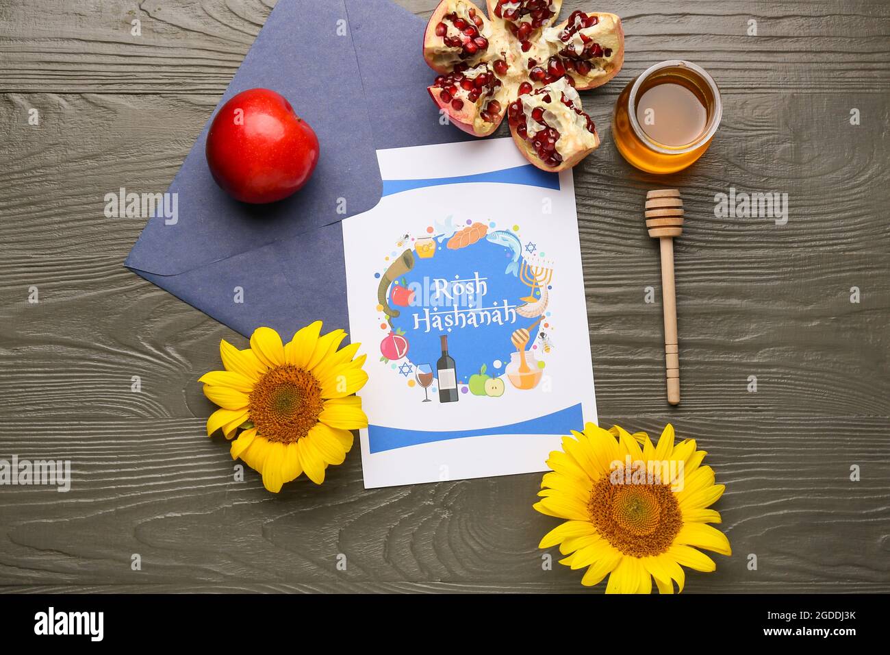 Greeting card for Rosh hashanah (Jewish New Year) with symbols and ...