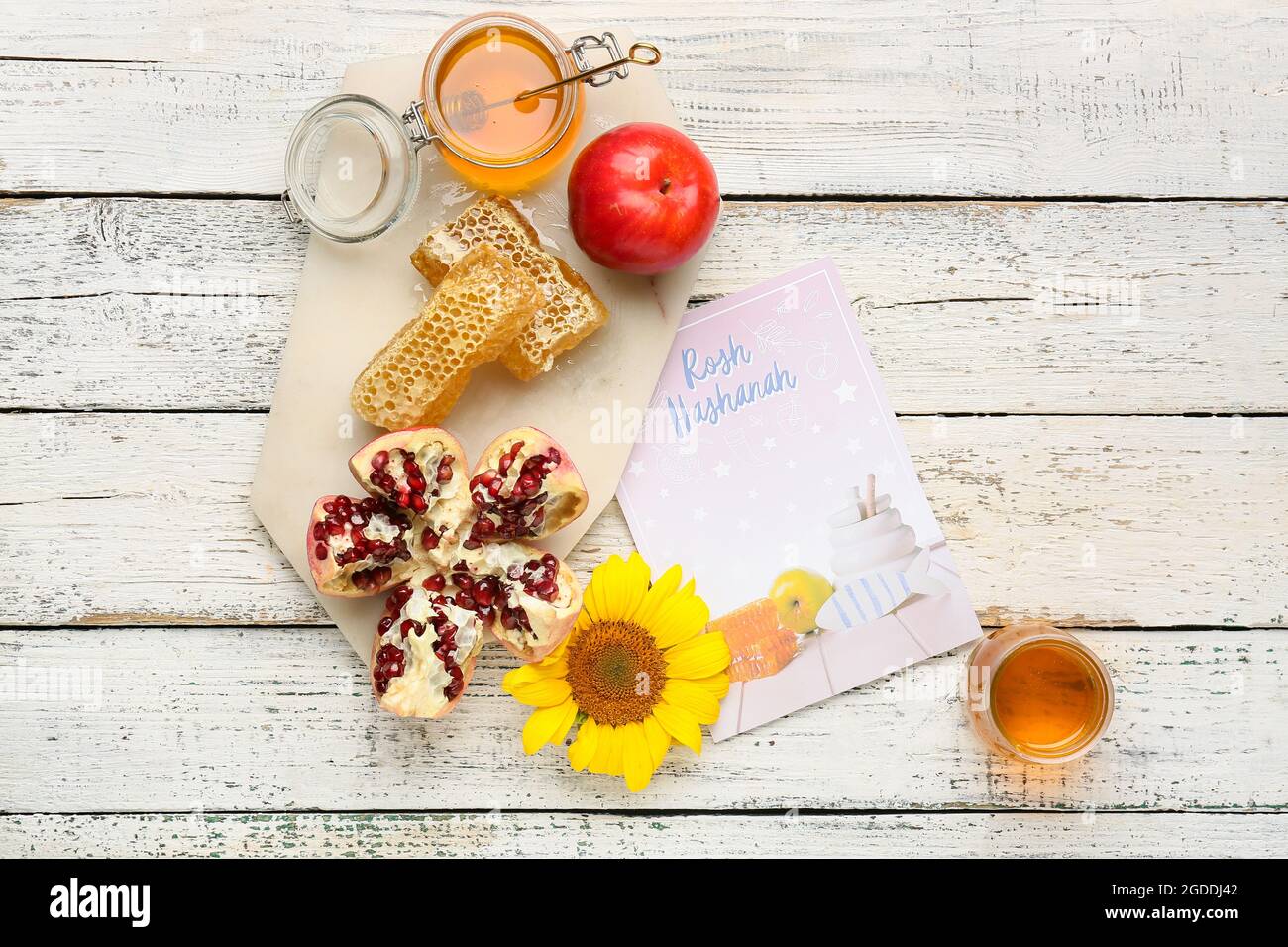 Greeting card for Rosh hashanah (Jewish New Year) with symbols on white ...