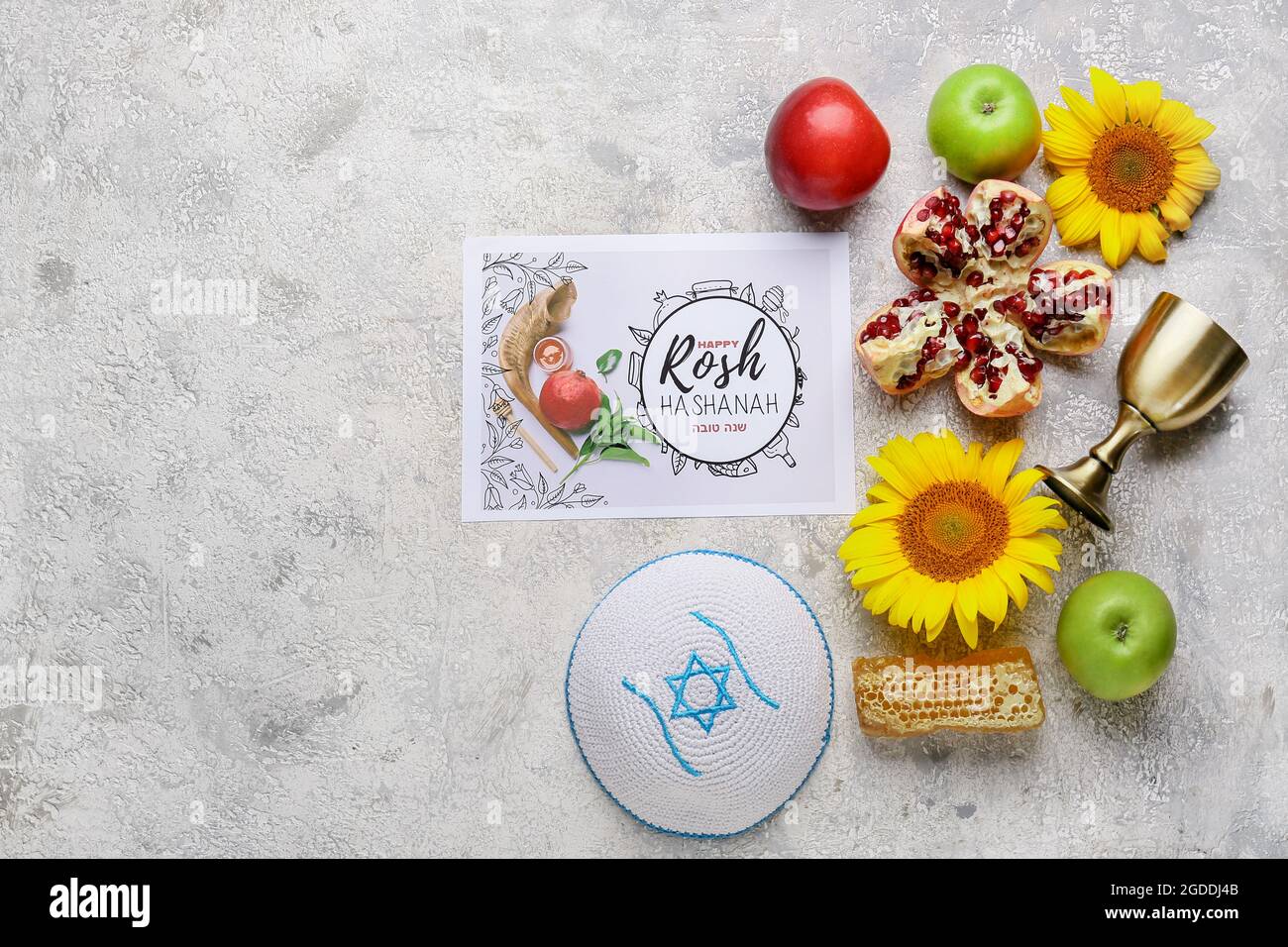 Greeting card for Rosh hashanah (Jewish New Year) with symbols and kipa ...