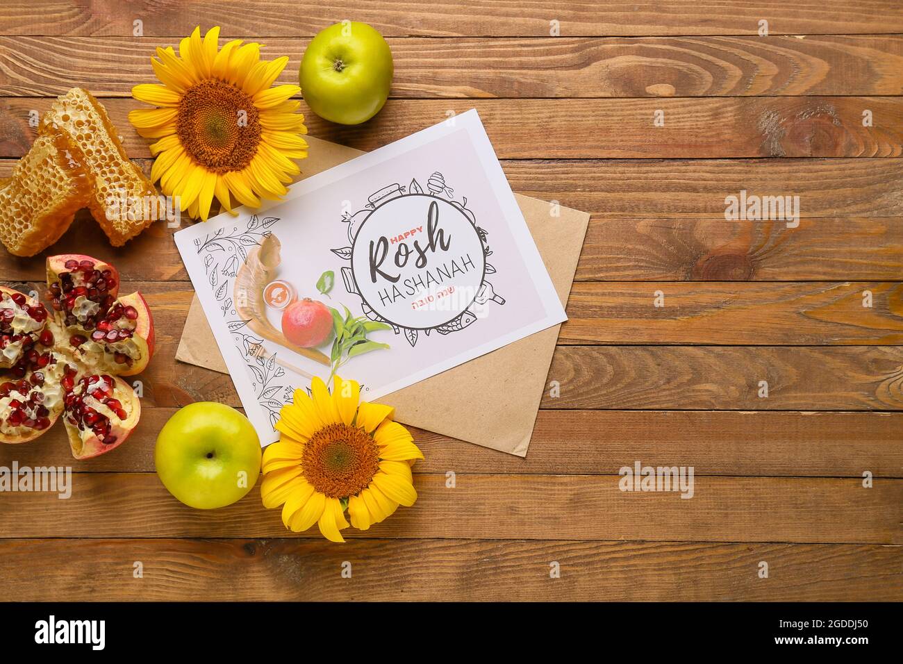 Greeting card for Rosh hashanah (Jewish New Year) with symbols on ...