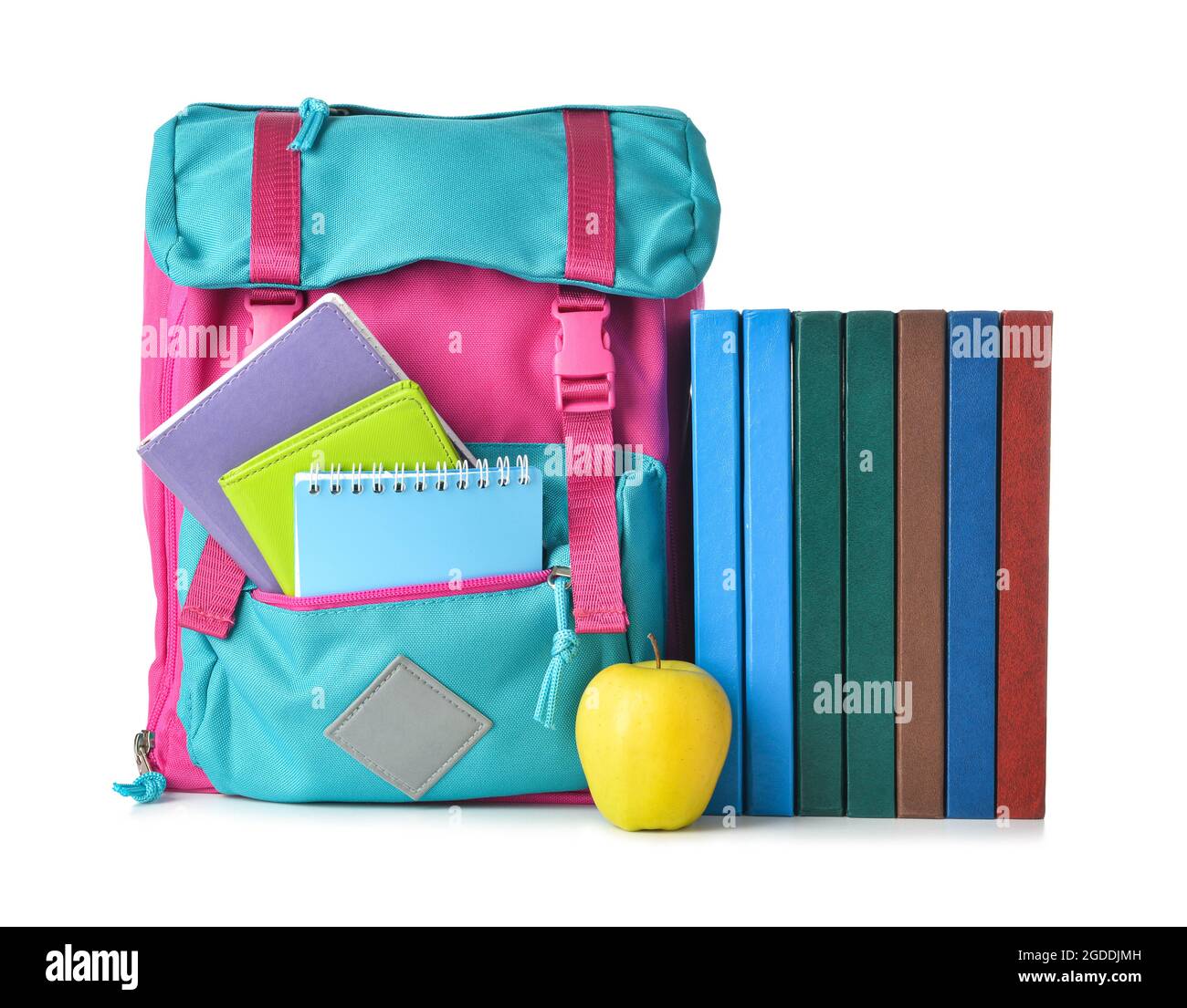 School backpack, books and apple on white background Stock Photo - Alamy