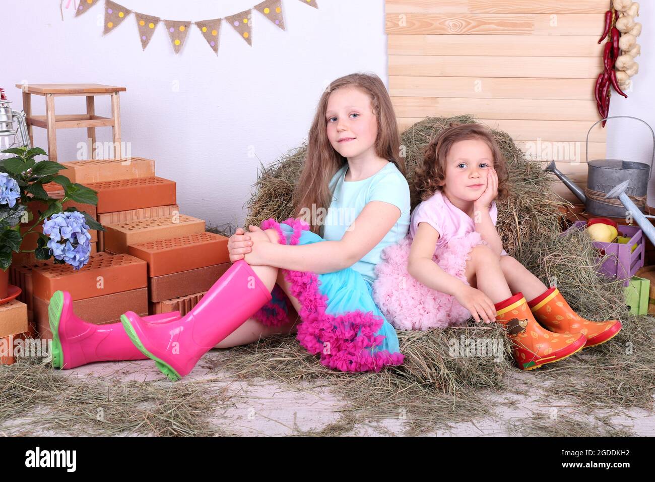Beautiful small girls in petty skirts on country style background Stock ...