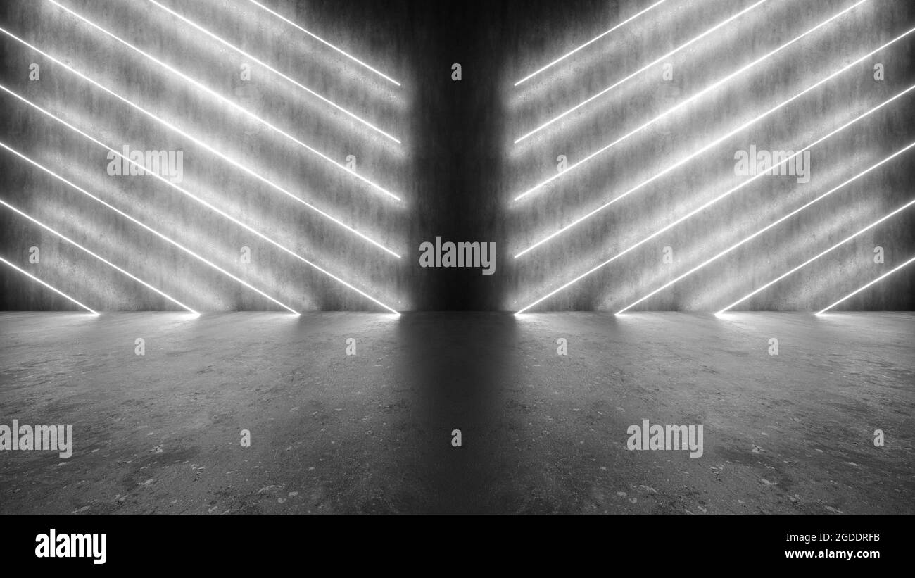 A dark hall lit by white neon lights. Reflections on the floor and ...