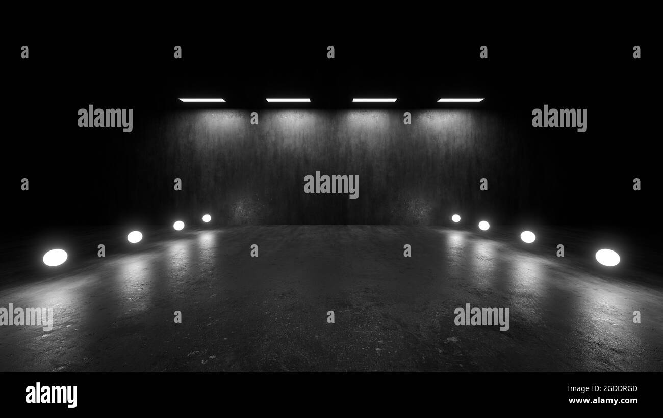 A dark hall lit by white neon lights. Reflections on the floor and ...