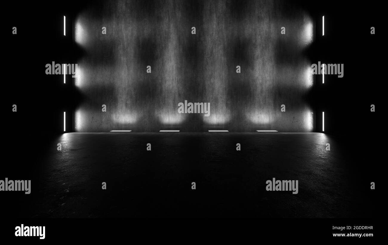 A dark hall lit by white neon lights. Reflections on the floor and ...