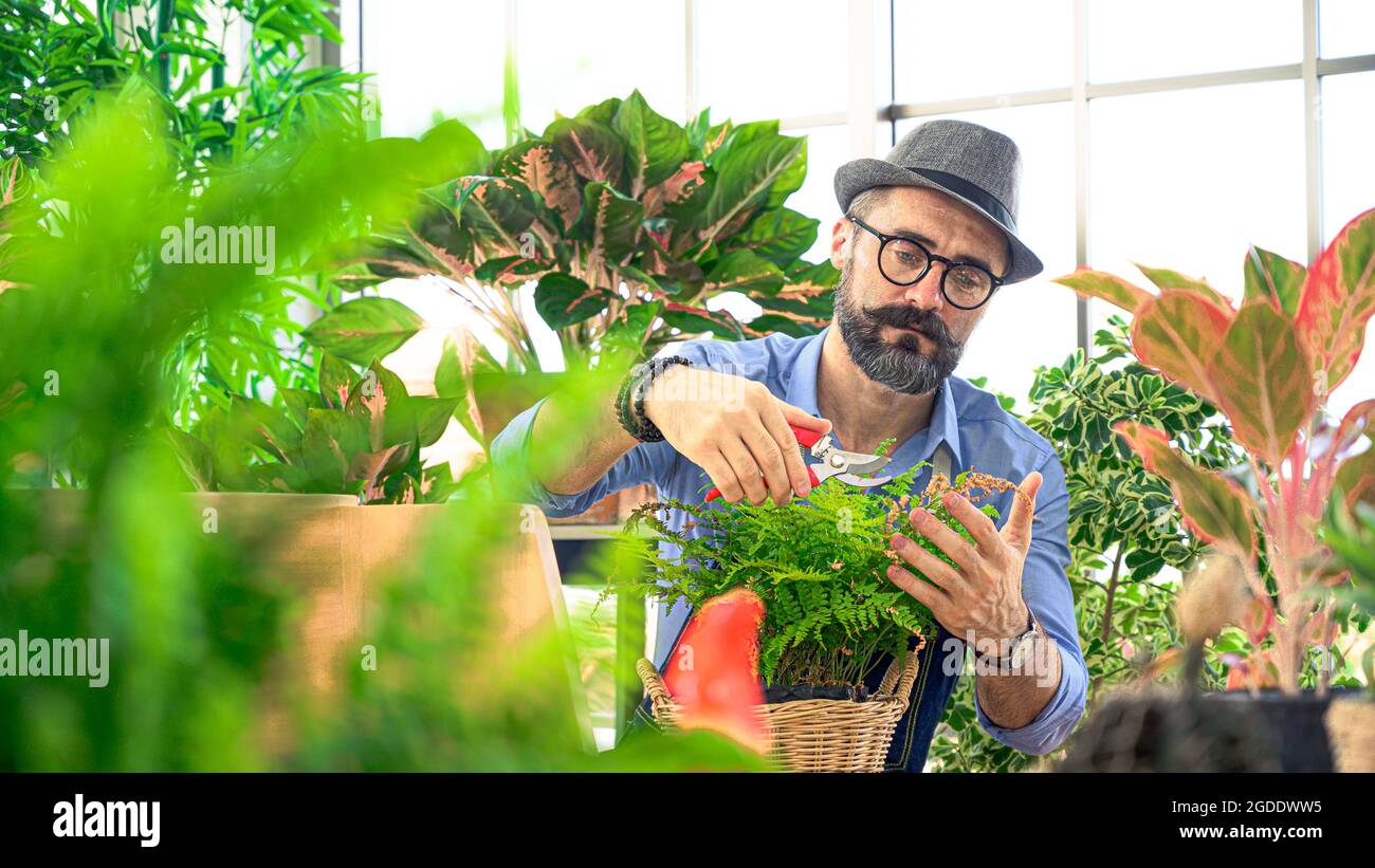 Relax hobbies lifestyle of Caucasian male wearing apron planting in the ...
