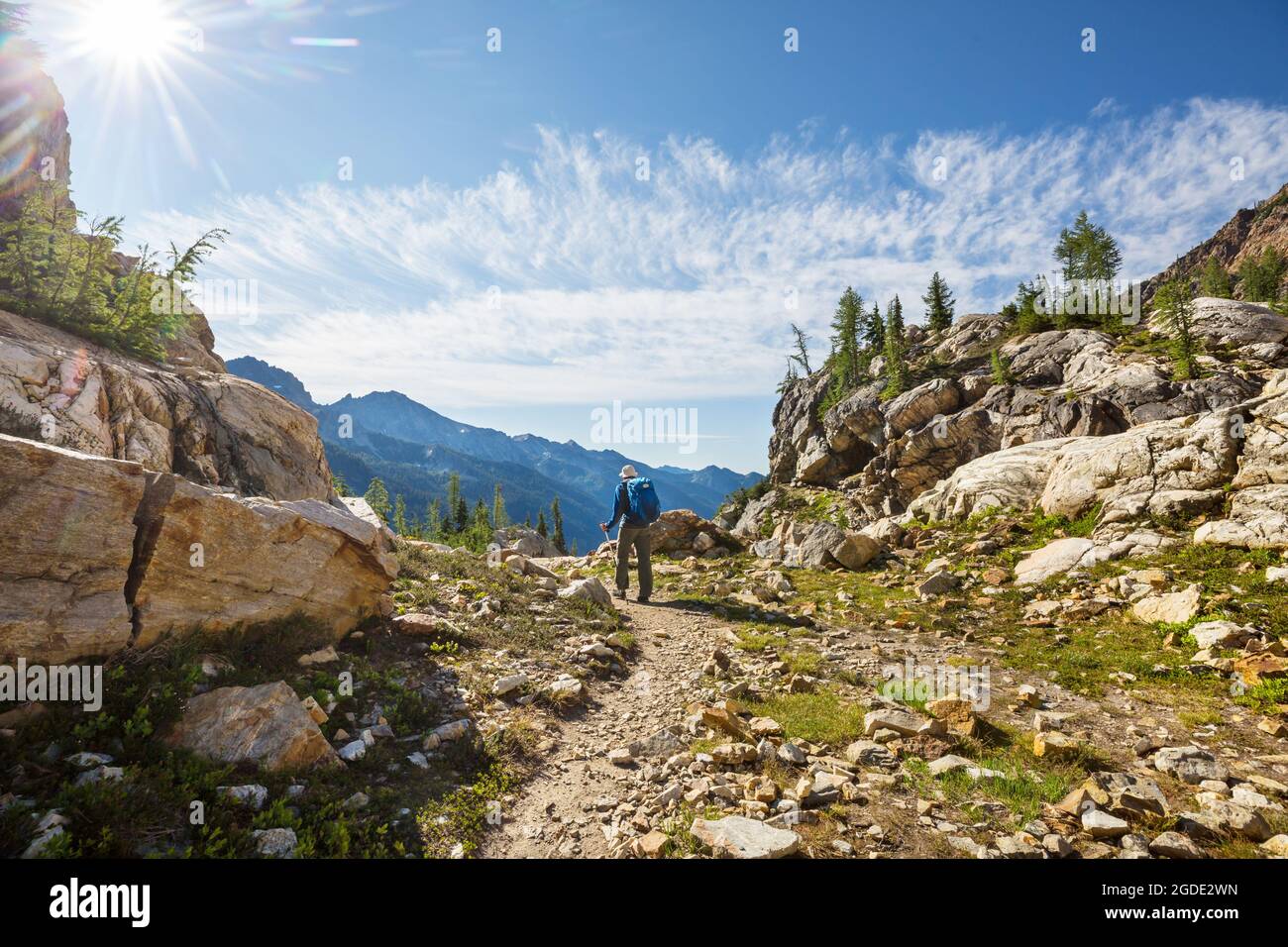Backpacker in hike in the high mountains Stock Photo - Alamy