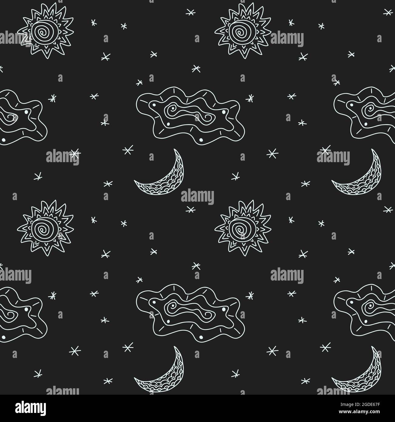 Night sky pattern with stars, moon, sun, cloud. Cute simple abstract ...