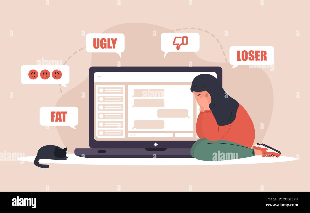 Cyber bullying. Sad arab woman with laptop receiving pop up messages ...