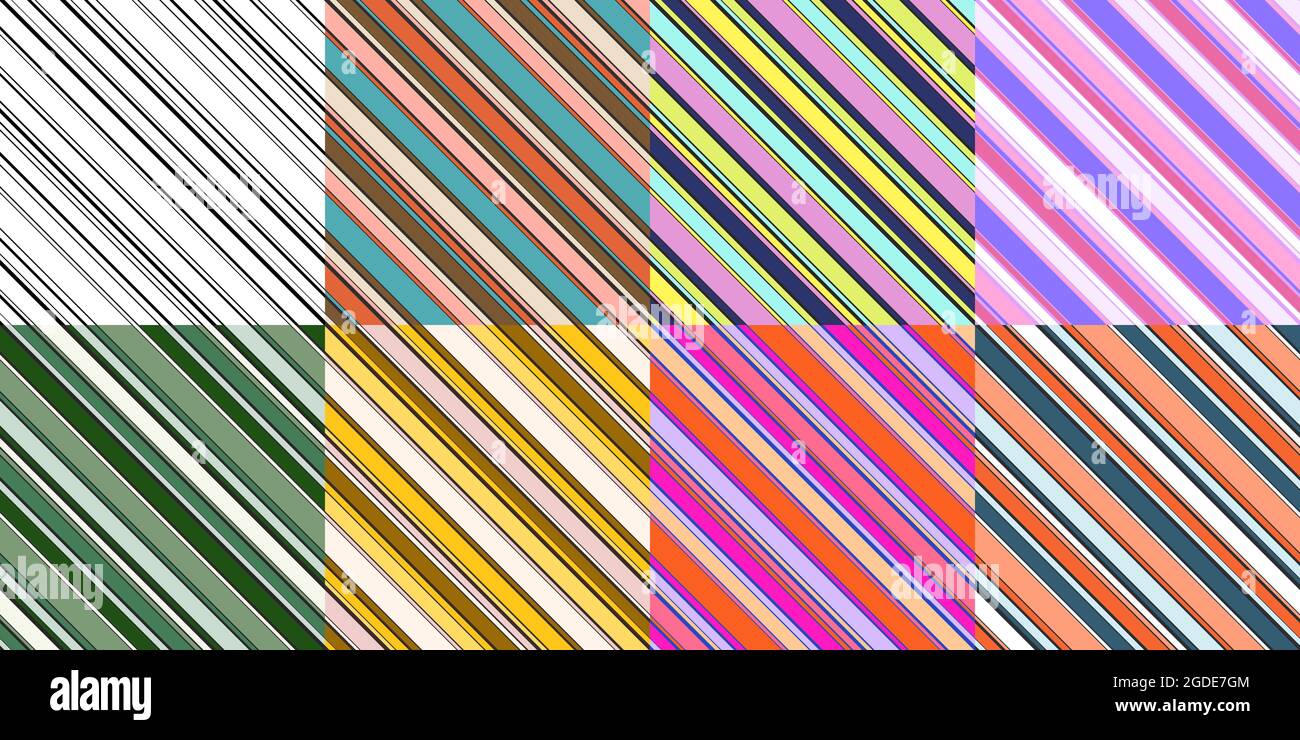Set of Diagonal stripes seamless patterns. Black and white and colorful ...