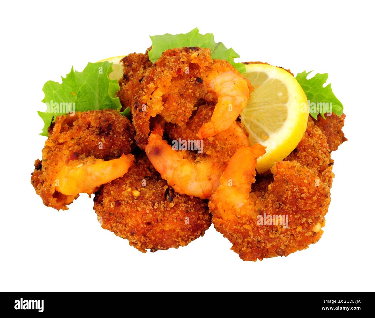 Spicy breadcrumb coated king prawns isolated on a white background ...