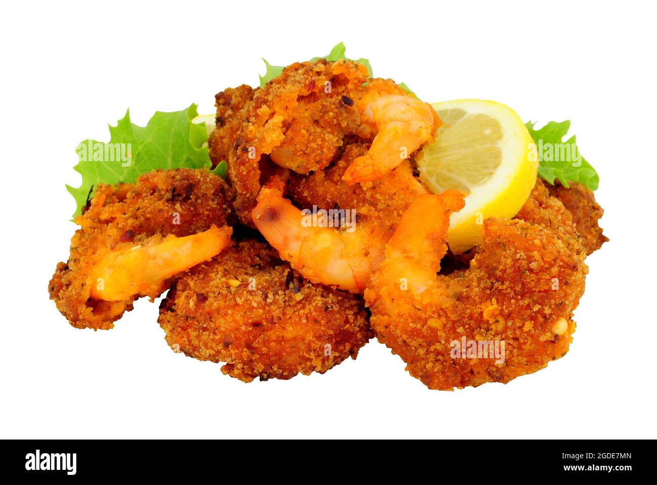 Spicy breadcrumb coated king prawns isolated on a white background ...