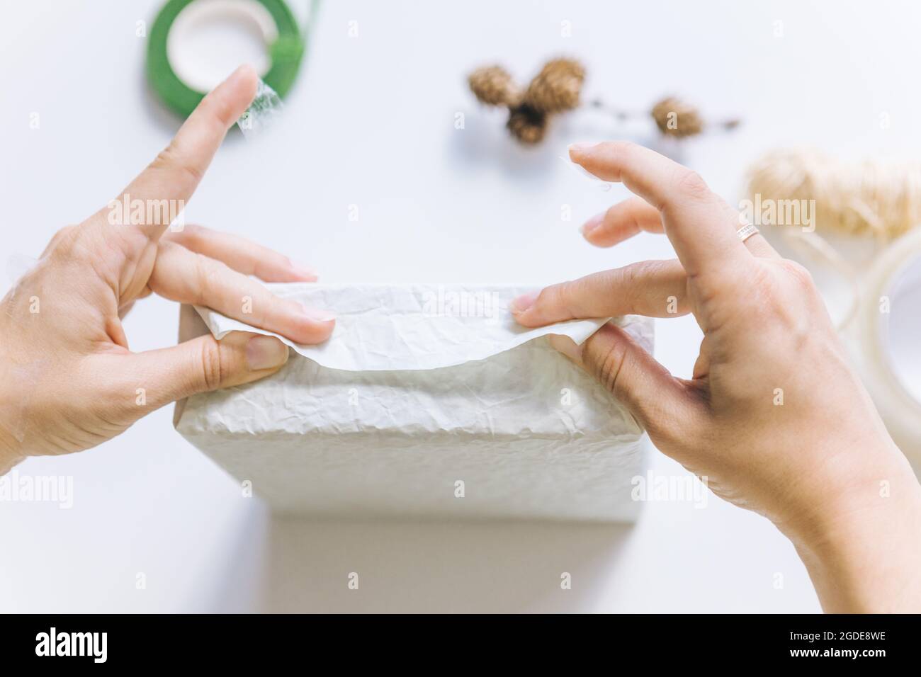 packing gift box with wrapping paper copy space Stock Photo - Alamy