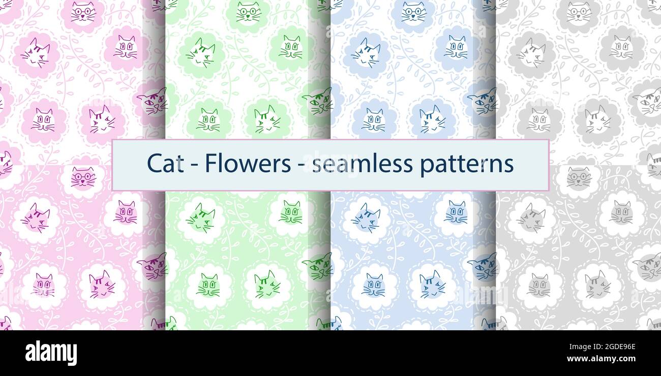 Set of seamless pattern Cat head in flowers . Repeat endless pattern ...