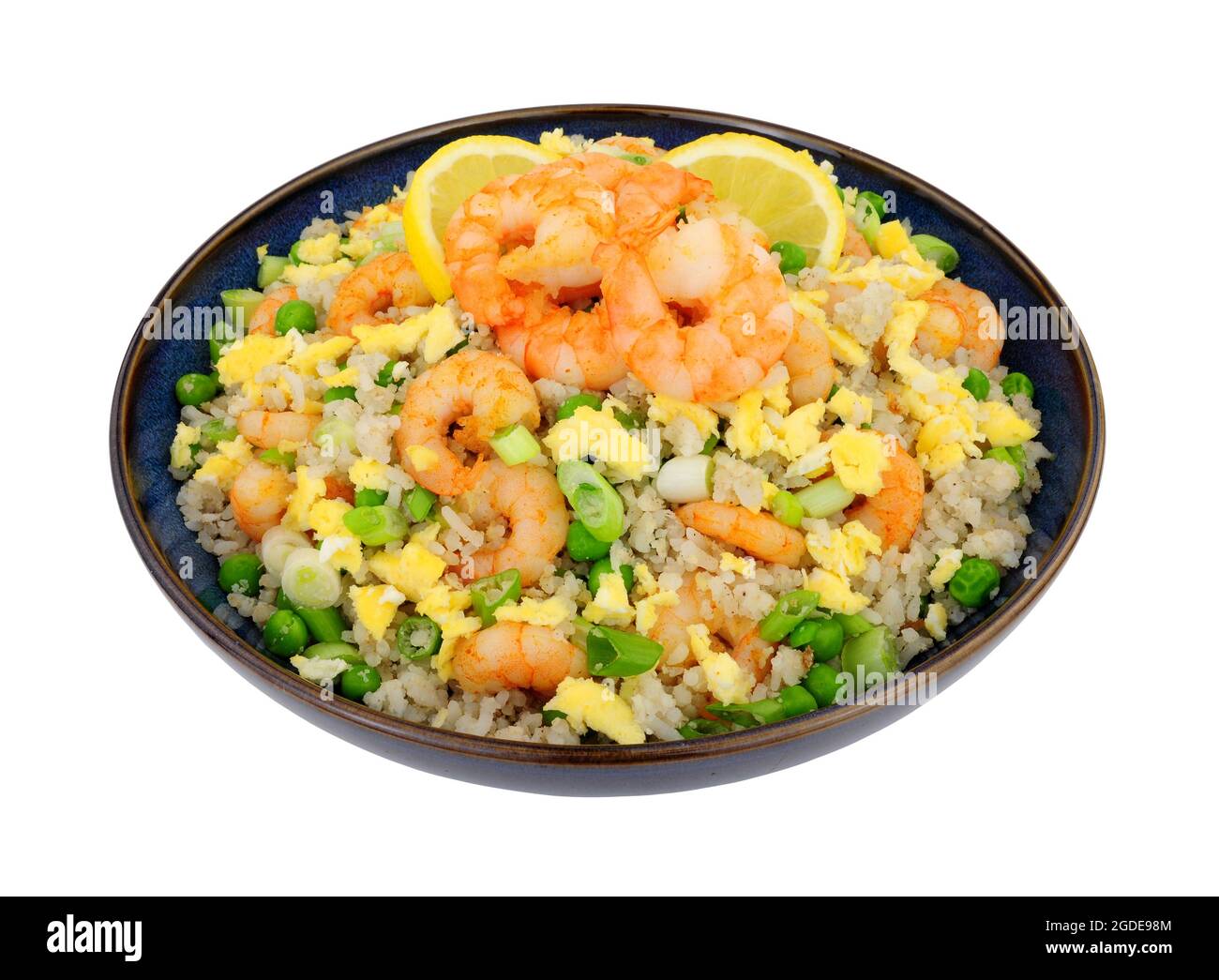 Chinese king prawn egg fried rice meal isolated on a white background ...