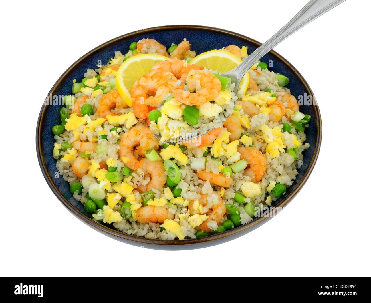 Chinese king prawn egg fried rice meal isolated on a white background ...