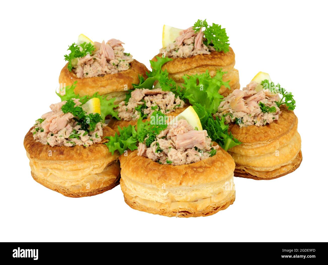 Tuna fish filled puff pastry vol au vents isolated on a white ...