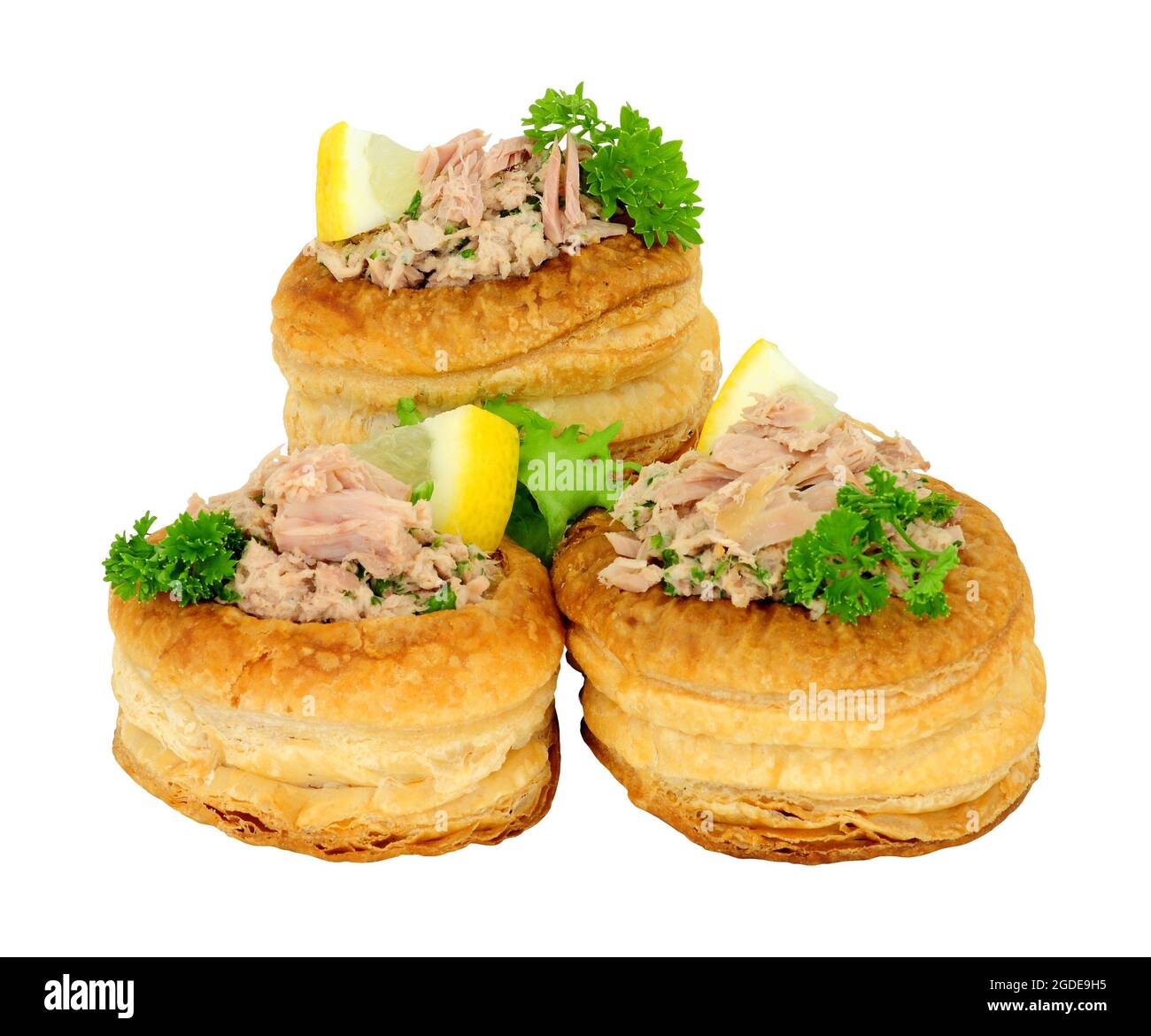Tuna fish filled puff pastry vol au vents isolated on a white ...
