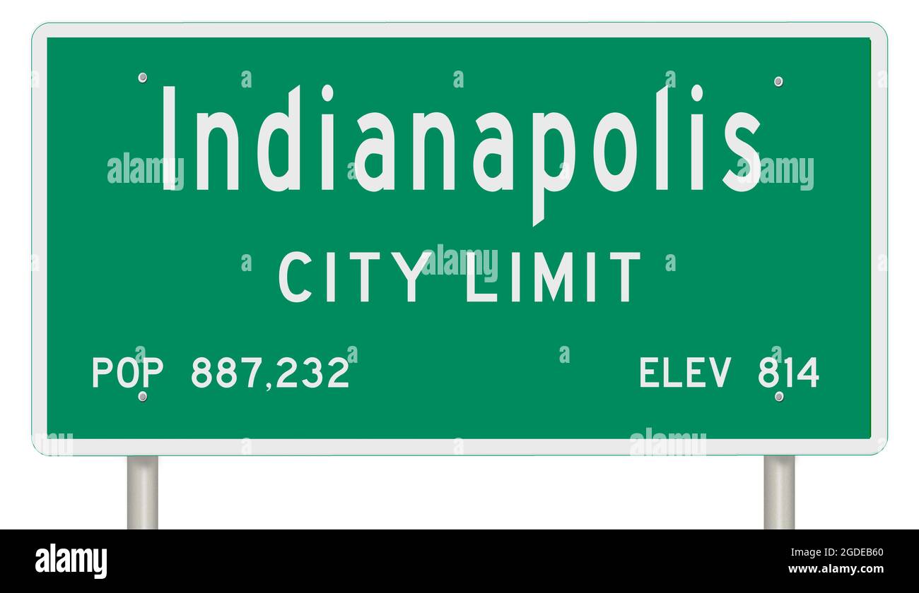 Rendering of a green Indiana highway sign with city information Stock ...