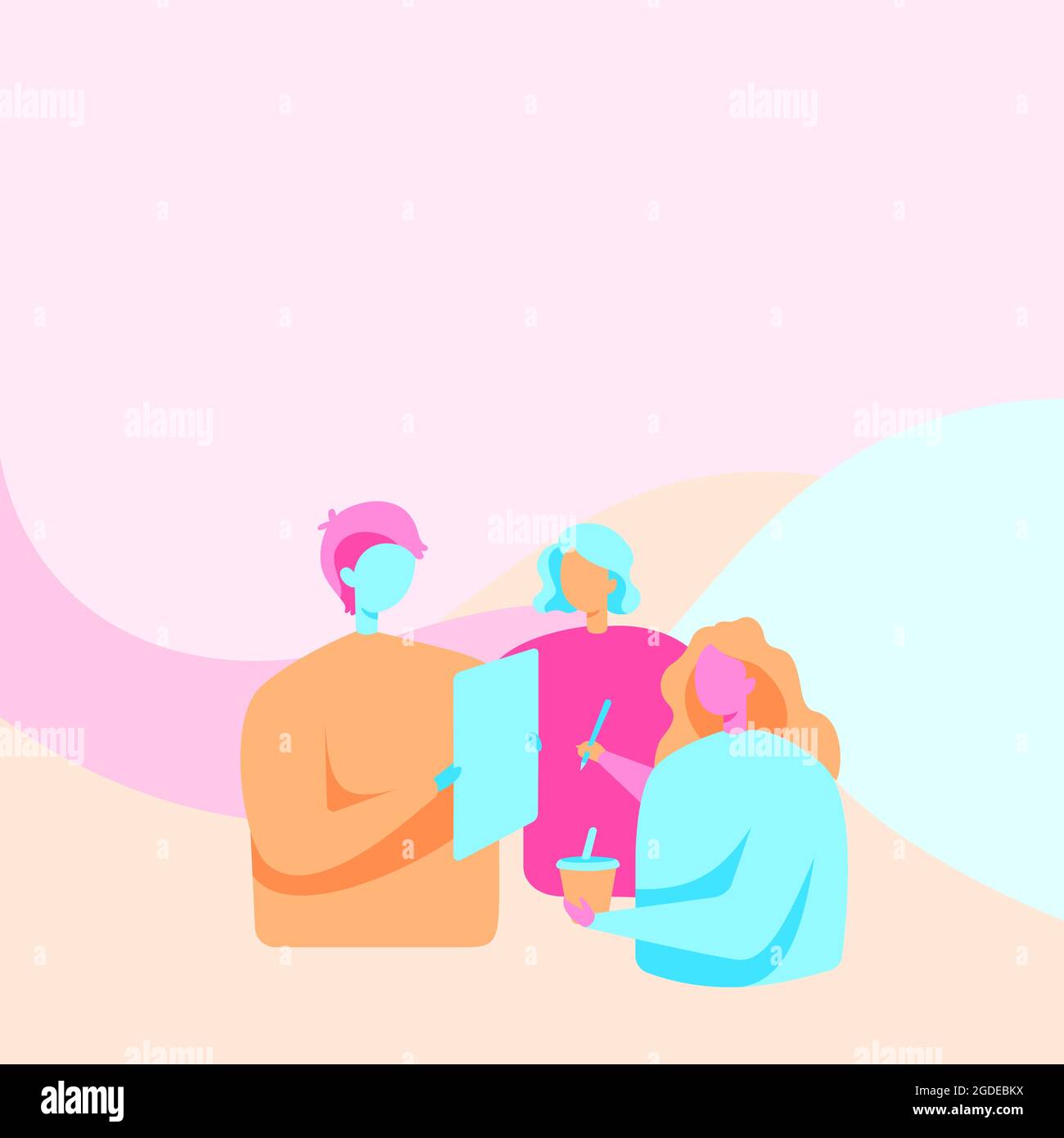 Colleagues Drawing Standing Talking To Each Other Holding Paper Pen Cup ...