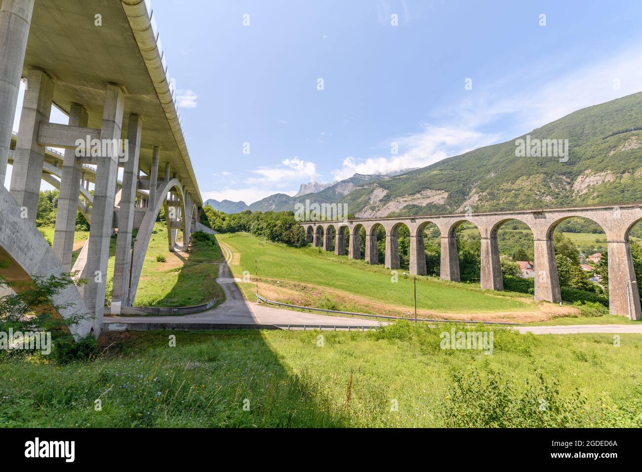 Crozet railway viaduct and Crozet motorway viaduct in Isère. France ...