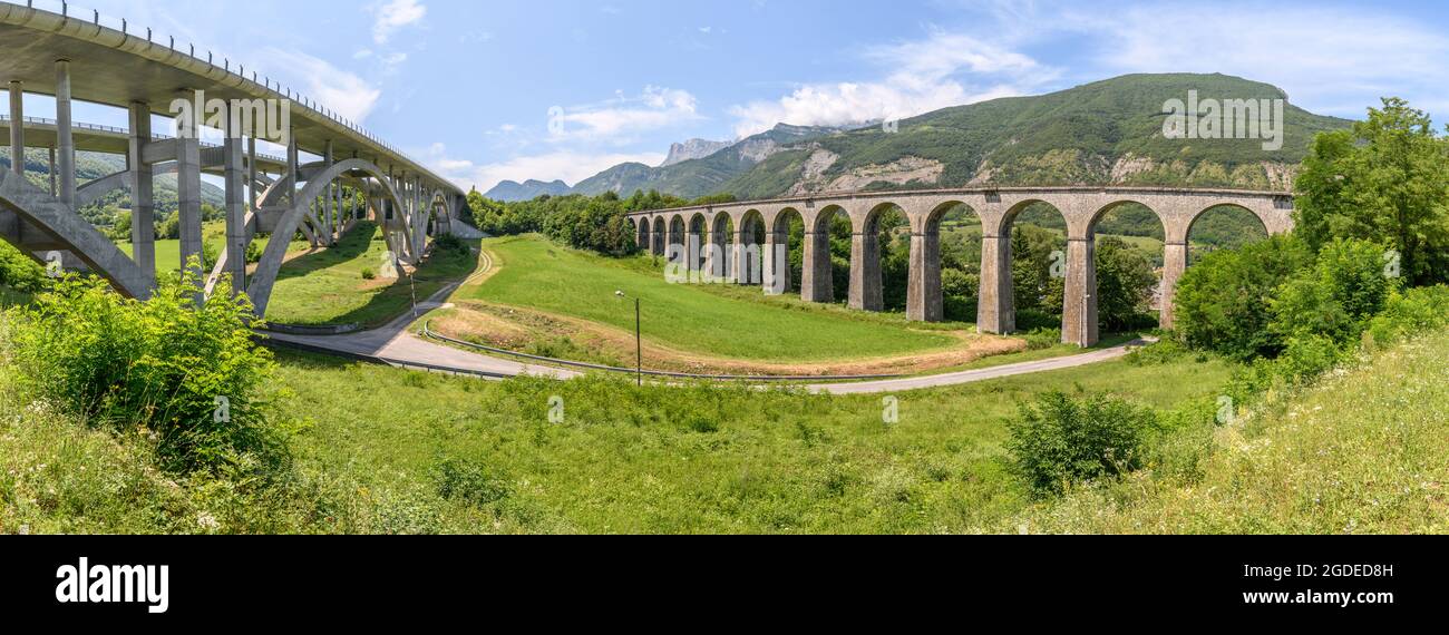 Crozet railway viaduct and Crozet motorway viaduct in Isère. France ...