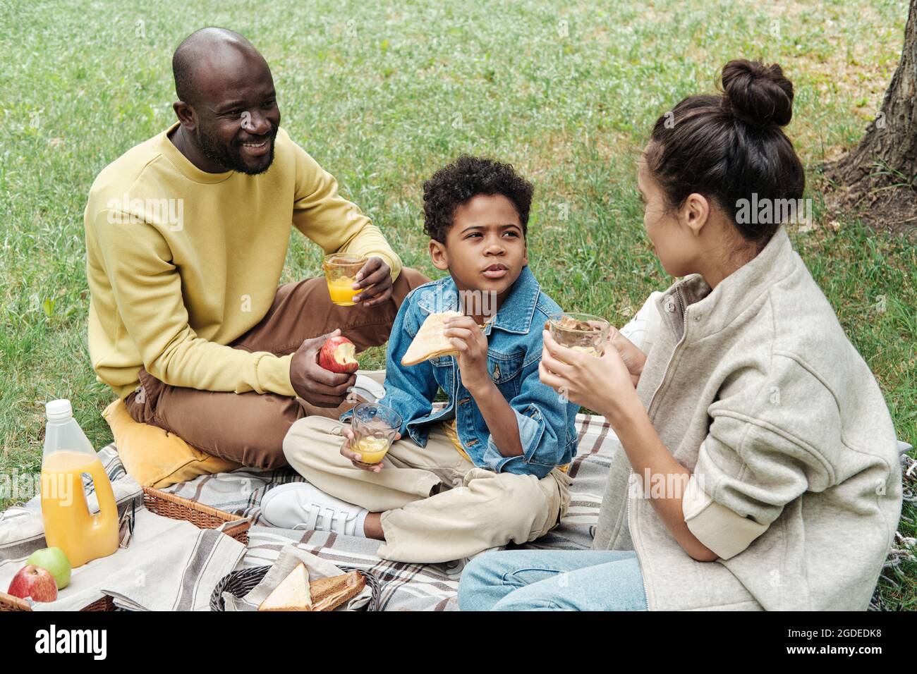 African family of three having lunch together and talking during their ...