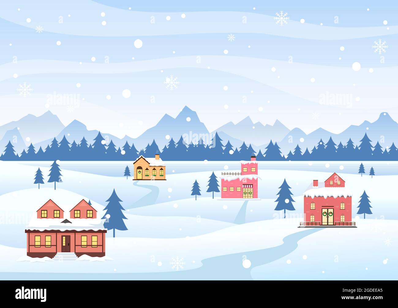 Winter Landscape With House Background, Panorama Snowfall, Town, Trees ...