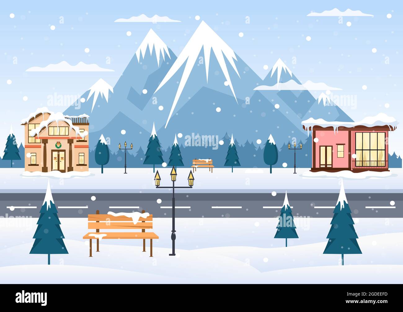 Winter Landscape With House Background, Panorama Snowfall, Town, Trees ...