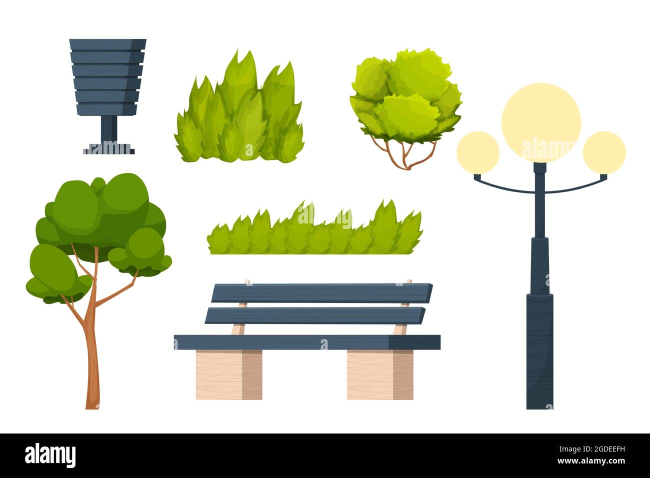 Set city park elements bench, grass, bush and tree, trash can and ...