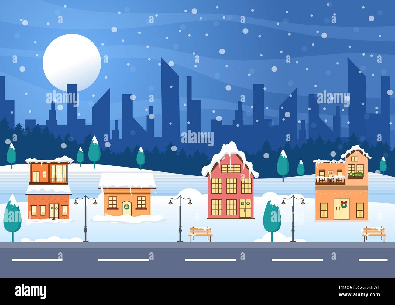 Winter Landscape With House Background, Panorama Snowfall, Town, Trees ...