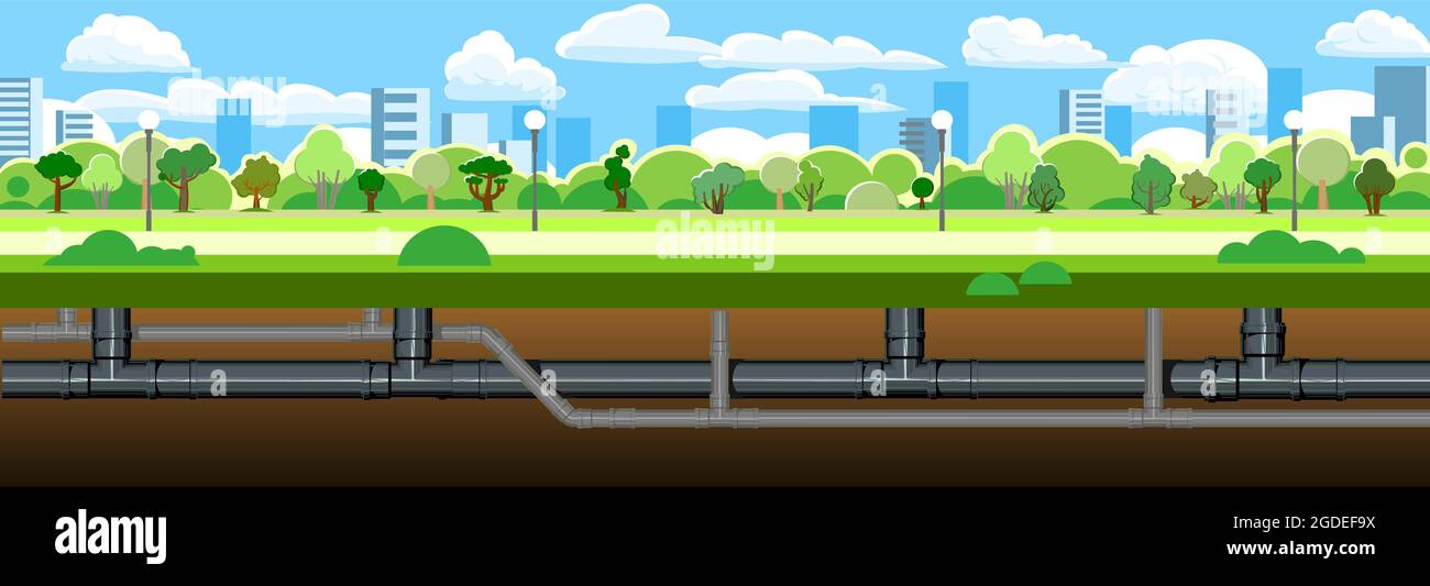 Pipeline for various purposes. Underground part of system. Against ...